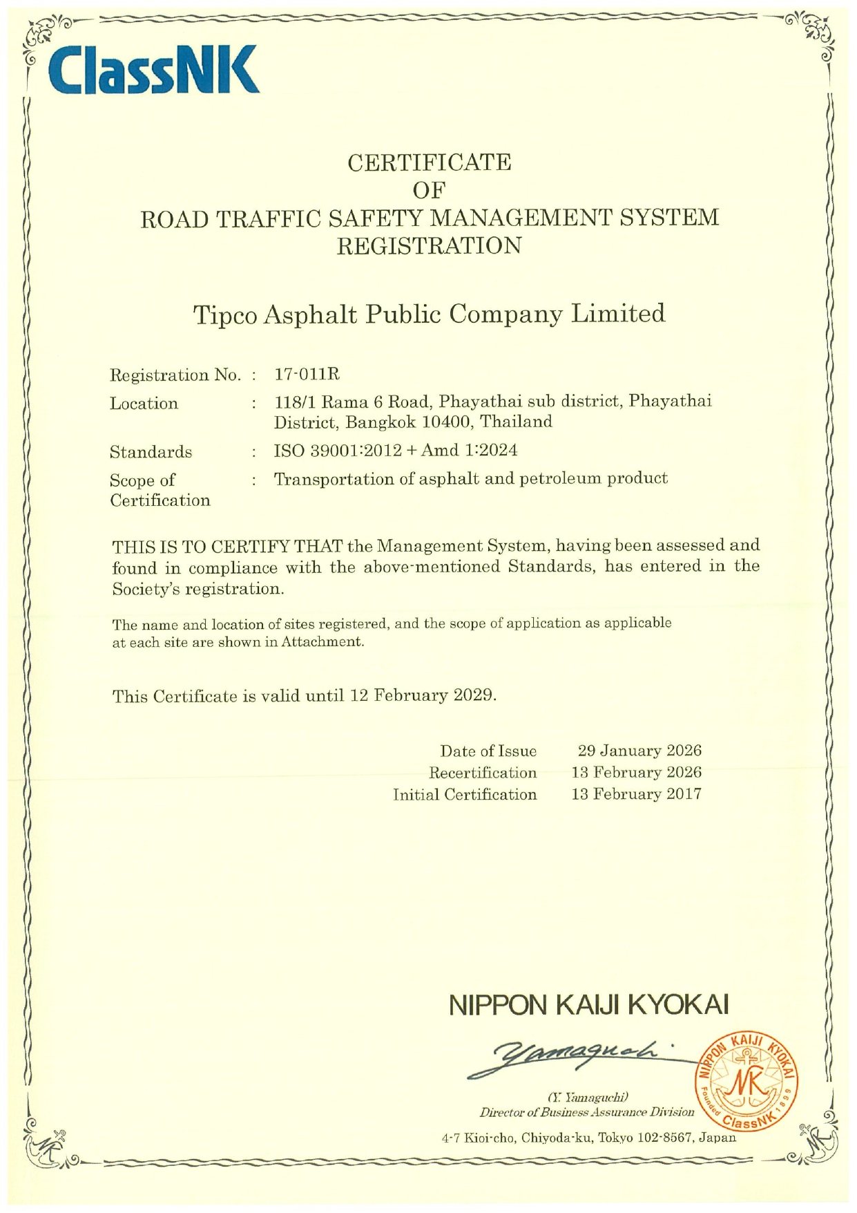 ISO 39001:2012 Certificate road traffic safety management system ...